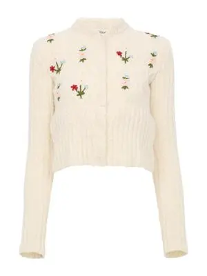 Chloé Chloé Fitted Wool Knit Cardigan With Floral Embellishments Iconic Milk