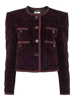 Chloé Boxy Collarless Jacket In Checked Quilted Cotton Velvet - Deep Purple