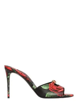 Dolce & Gabbana Rose-print Calfskin Mules With Dg Logo - Multicolor