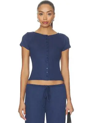 ALL THE WAYS Ribbed Knit Button-up Short Sleeve Top - Navy