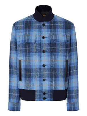 Golden Bear Leather-trimmed Wool Harris Tweed Bomber Jacket - Blue