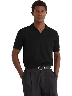 REISS Duchie Merino Wool Open Collar Polo Shirt Black
