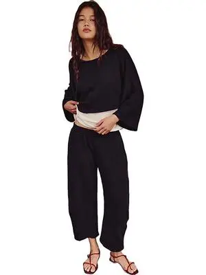 Free People Terry Cotton Wide Sleeve Cropped Top And Barrel Leg Pants Set Black