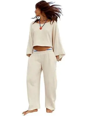 Free People Terry Cotton Wide Sleeve Cropped Top And Barrel Leg Pants Set - Tofu
