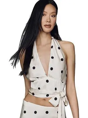 Bardot Phoebe Satin Halter Tie Top With Polka Dot Print - Black Dot