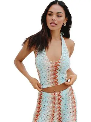 Luli Fama Halter Neck Chevron Knit Crop Top - Blue Pattern