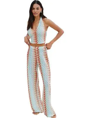 Luli Fama Zigzag Pattern Metallic Knit Wide-leg Pants - Blue Pattern