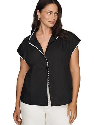 English Factory Scalloped Short-sleeve Button-front Blouse - Black & White Pattern