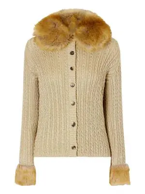Saint Laurent Cable-knit Shearling-trimmed Lurex Cardigan - Multi