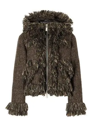 Sacai Wool-blend Tweed Zip-up Jacket With Frayed Edges - Brown