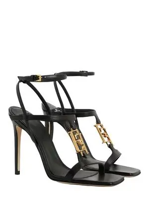 ELISABETTA FRANCHI Elisabetta Franchi Black Leather Logo Plaque Stiletto Sandals