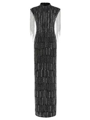 Pinko Crystal-embellished Fringed High Neck Maxi Dress - Black