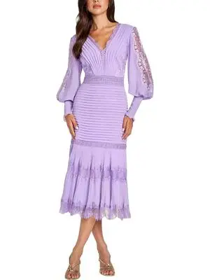Tadashi Shoji Nyssa Lace-trimmed Pleated Midi Dress - Purple