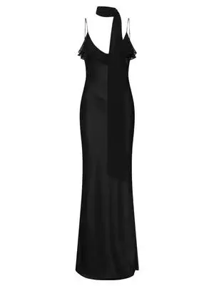 ROTATE BY BIRGER CHRISTENSEN V-neck Maxi Slip Dress With Scarf Detail - Black