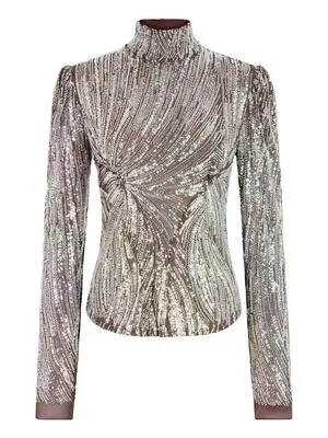 Rabanne Embellished High Neck Long Sleeve Top - Silver