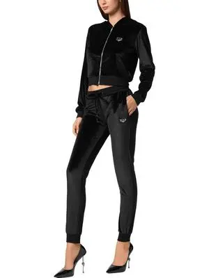 Philipp Plein Cropped Velvet Zip Hoodie With Skull Rhinestones - Black