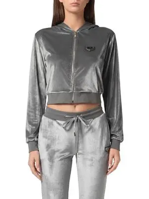 Philipp Plein Cropped Velvet Zip Hoodie With Skull Rhinestones - Grey