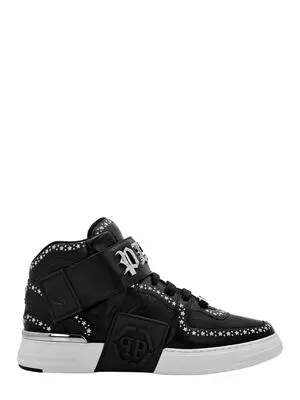 Philipp Plein Gothic High-top Leather Sneakers With Studs And Star Applications - Black