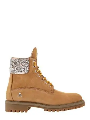 Philipp Plein Embellished Suede Combat Boots - Beige