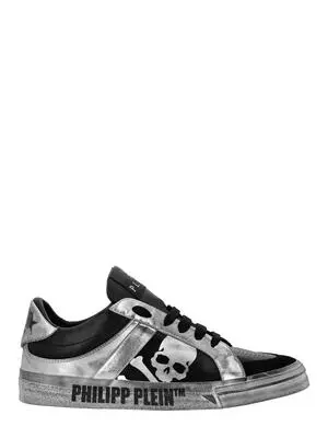 Philipp Plein Leather Sneakers With Skull Print And Distressed Effect - Black