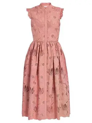 Erdem Floral Cotton Cutwork Midi Dress - Pink