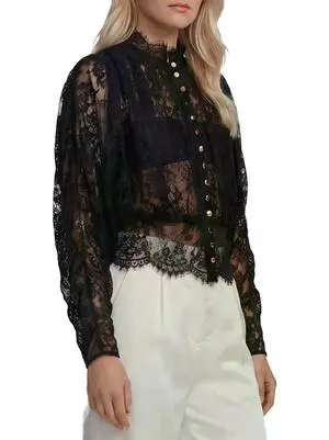 SELF-PORTRAIT Lace High Neck Blouse With Dramatic Sleeves - Black