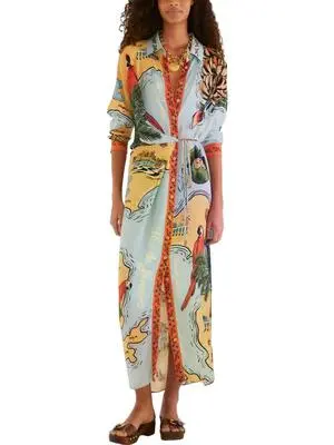 Farm Rio FARM Rio Multicolor Beachs Path Collared Button-Front Maxi Dress Blue