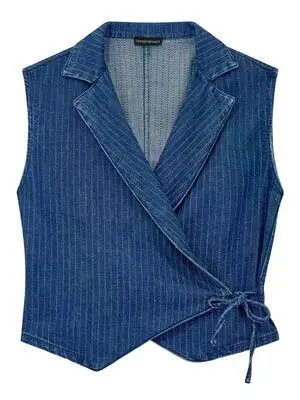 Emporio Armani Pinstriped Denim Wrap Waistcoat With Notched Lapels And Side Tie - Blue