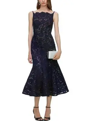SELF-PORTRAIT Navy Spiral Lace Midi Dress - Blue