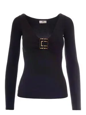 Elisabetta Franchi Jersey Top With Gold Logo Detail - Black