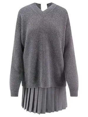 SEMICOUTURE Ribbed Knit V-neck Mini Dress With Pleated Skirt And Buckle Fastening - Grey