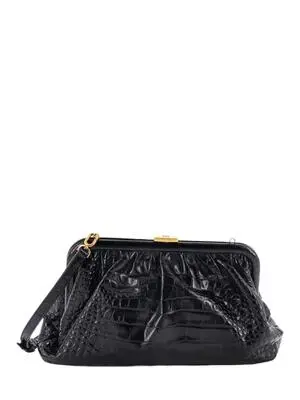 Balenciaga Cloud Crocodile Embossed Leather Clutch Bag - Black