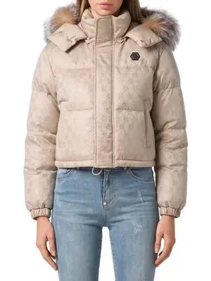 Philipp Plein Puffer Jacket With Fur Trimmed Hood - Beige