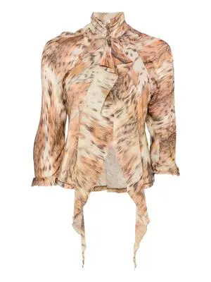 Roberto Cavalli 1990s Animal Print Silk Blouse - Neutrals