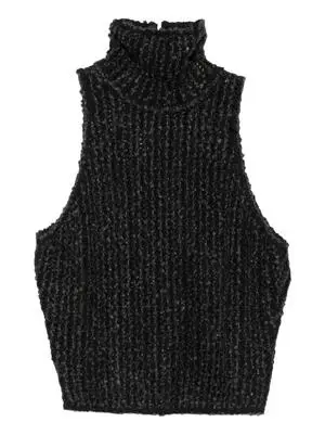 John Galliano Sleeveless High Neck Ribbed Knit Top - Black