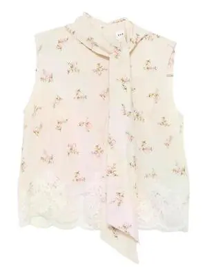 P.a.r.o.s.h Sleeveless Floral Print Lace Trim Blouse - Neutrals