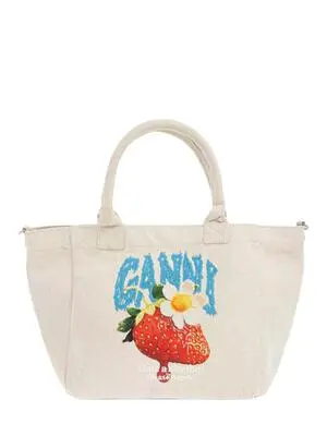 GANNI Strawberry Print Logo Embroidered Tote Bag - Neutrals