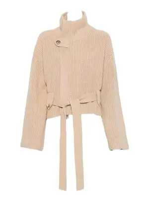 Brandon Maxwell Ribbed Knit Zip-front Cardigan With Belt - Neutrals