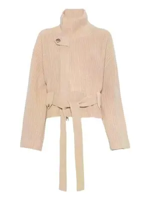 Brandon Maxwell Ribbed Knit Zip-front Cardigan With Belt - Neutrals