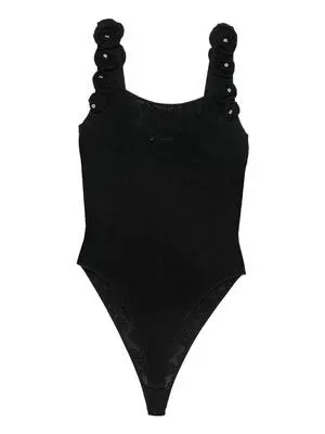 Sandro Pointelle Knit Floral Appliqué Top - Black
