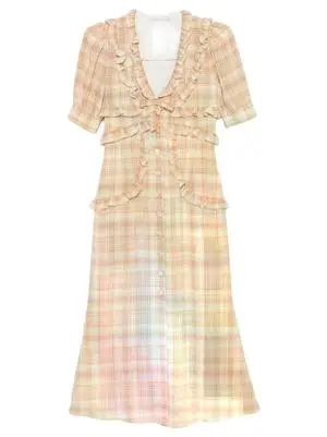 Alessandra Rich Ruffled Trim Checkered Midi Dress - Neutrals