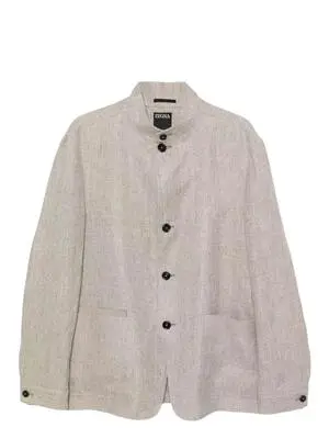 Zegna Band Collar Linen Jacket With Leather Trim - Neutrals