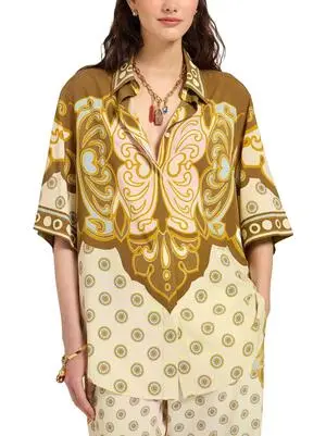 La DoubleJ La DoubleJ Cocoon Placed Brown Viscose Voile Club Shirt Green