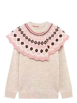 MSGM Long-sleeve Sweater With Ruffled Fair Isle Collar - Neutrals