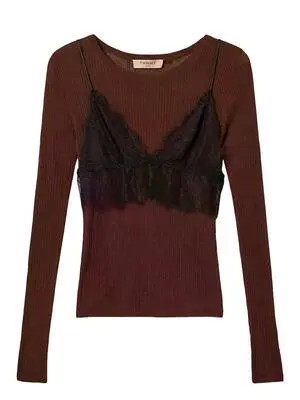 TWINSET Silk-blend Ribbed Knit Jumper With Lace Trim - Brown