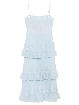 SELF-PORTRAIT Lace-trimmed Tiered Midi Dress - Blue
