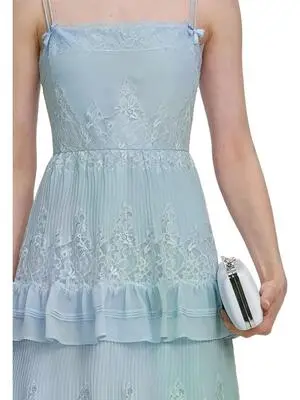 SELF-PORTRAIT Chiffon Lace Tiered Midi Dress - Blue