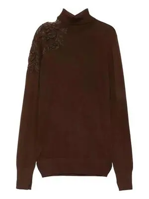 Ermanno Scervino Lace-panelled Roll-neck Fine Knit Sweater - Brown