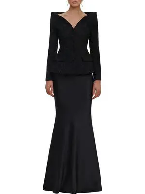 SELF-PORTRAIT Metallic Bouclé Satin Maxi Dress - Black