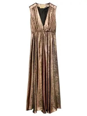 Momoni Sleeveless Maxi Dress With V-neck And Laminated Finish - Gold